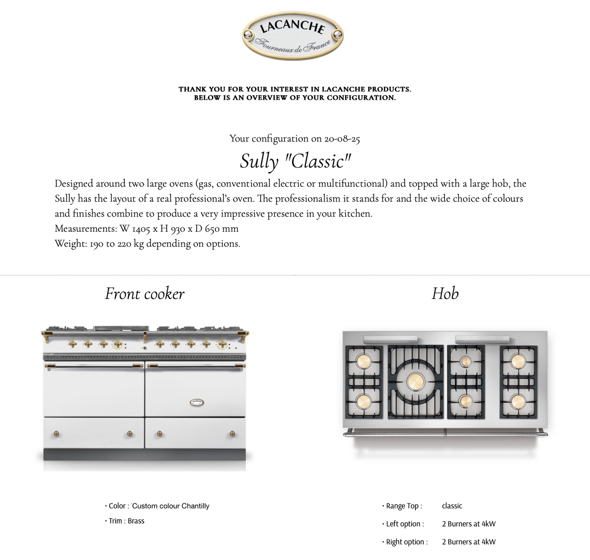Sully 1405 in custom colour Chantilly and brass with 7 gas burners ...